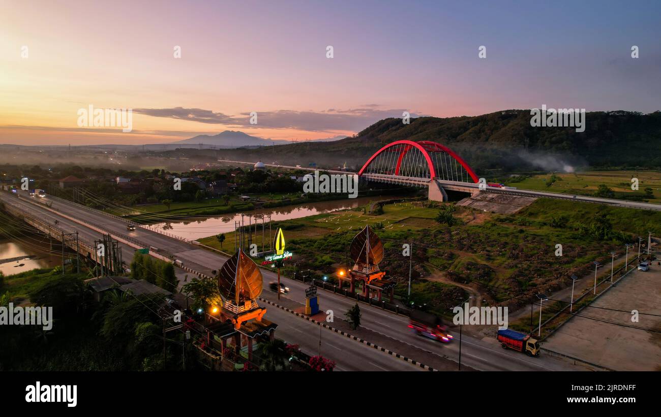 Aerial view of the Kalikuto Bridge, an Iconic Red Bridge at Trans Java ...