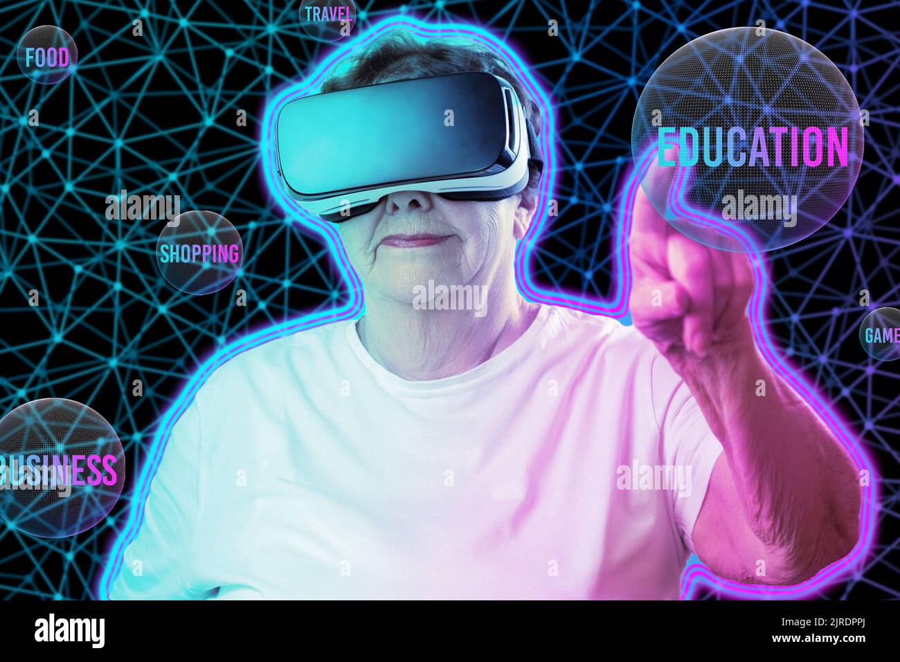 Metaverse. Portrait of caucasian smiling senior woman in VR glasses ...