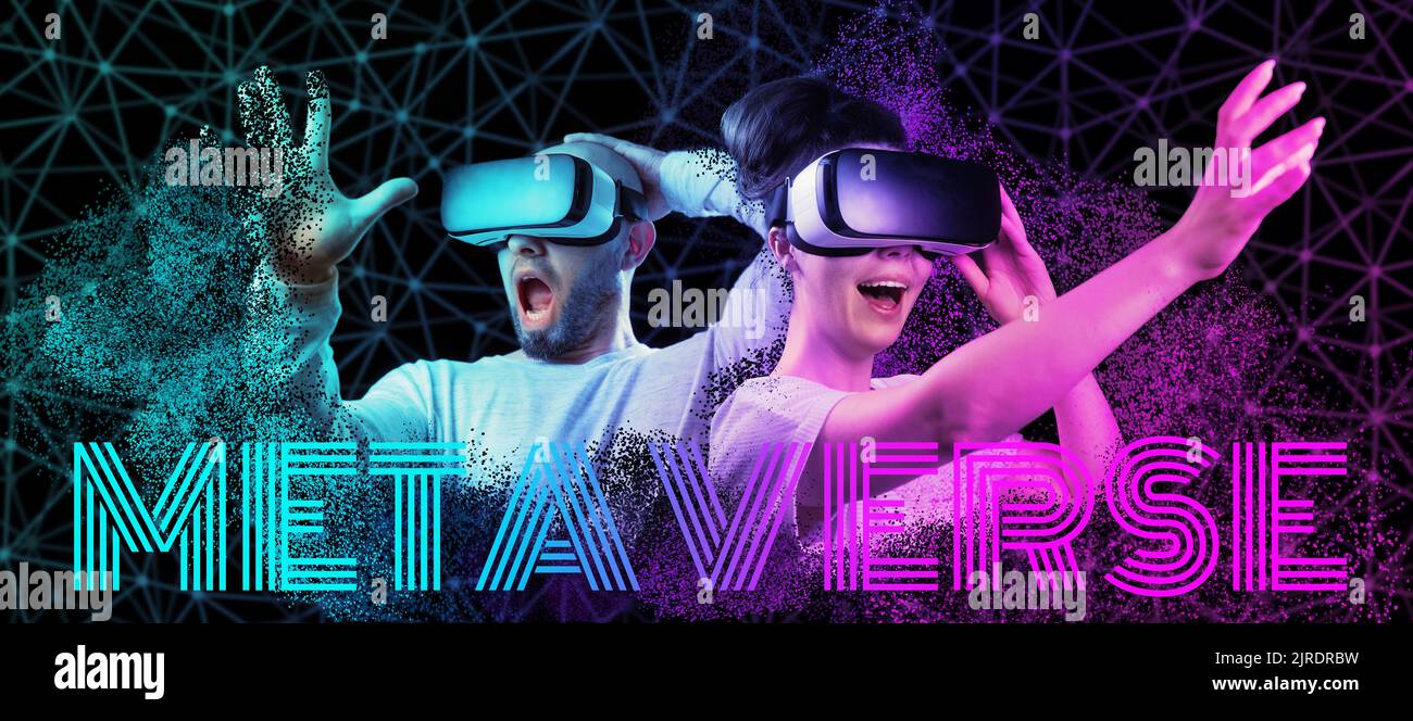 Metaverse web banner. Shocked disappearing bald, bearded man and happy ...