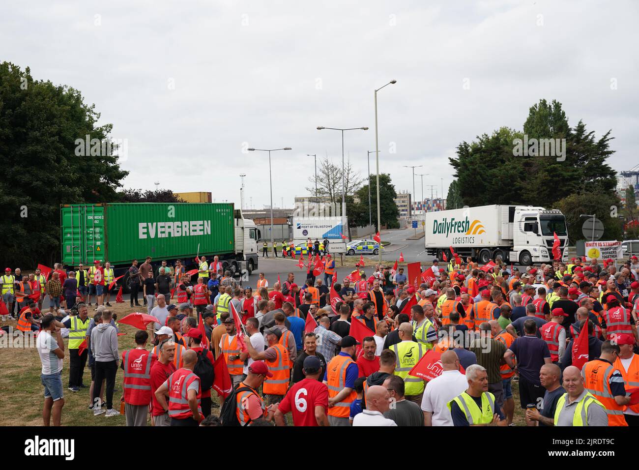 Members of the Unite union man a picket line at one of the entrances to ...