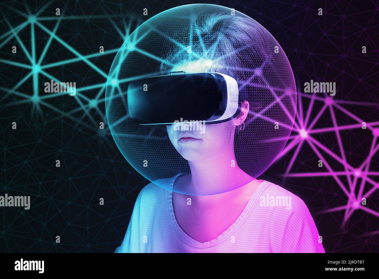Metaverse. A young woman in VR glasses and neon sphere helmet. Dark ...