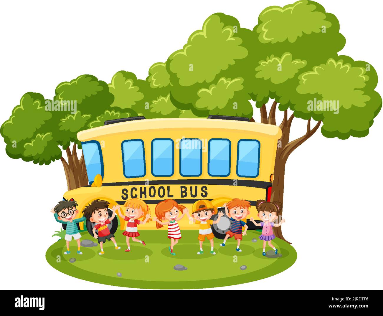 Children outdoor scene with school bus isolated illustration Stock ...
