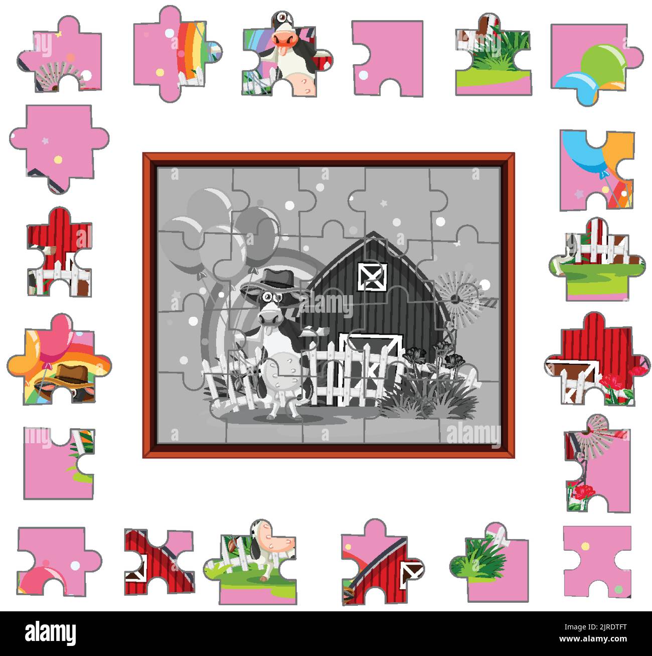 Cow in the farm photo jigsaw puzzle game template illustration Stock ...