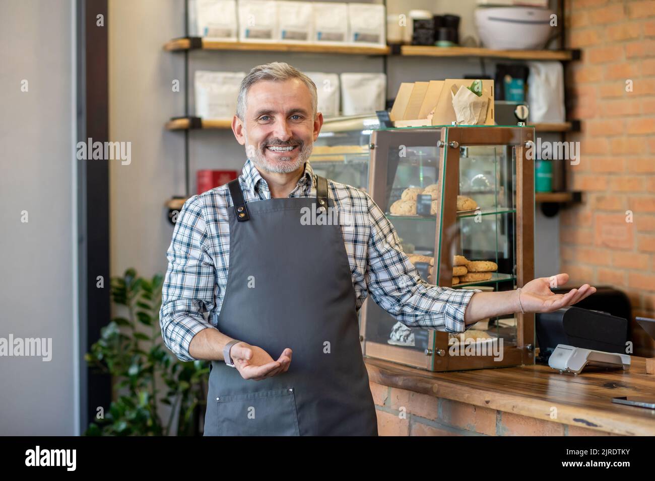 Cafe owner standing near the counter and looking contented Stock Photo ...