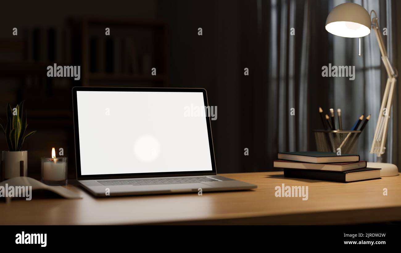 close-up image, Modern office desk workspace under the warm light from ...
