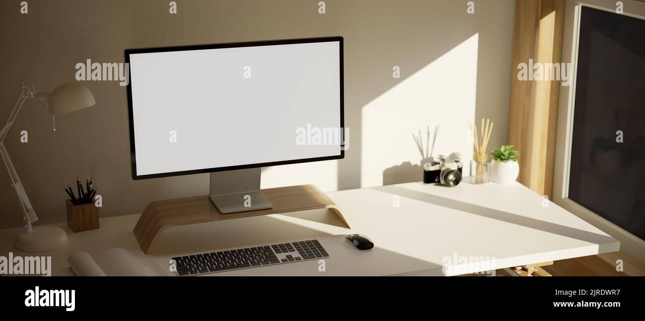 Cozy minimal home workstation in white and wood material design with ...