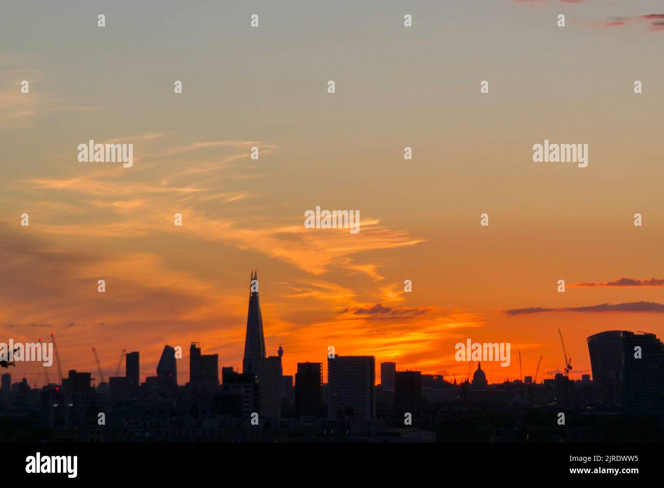 A dramatic sunset over Central London as seen from Greenwich Stock ...