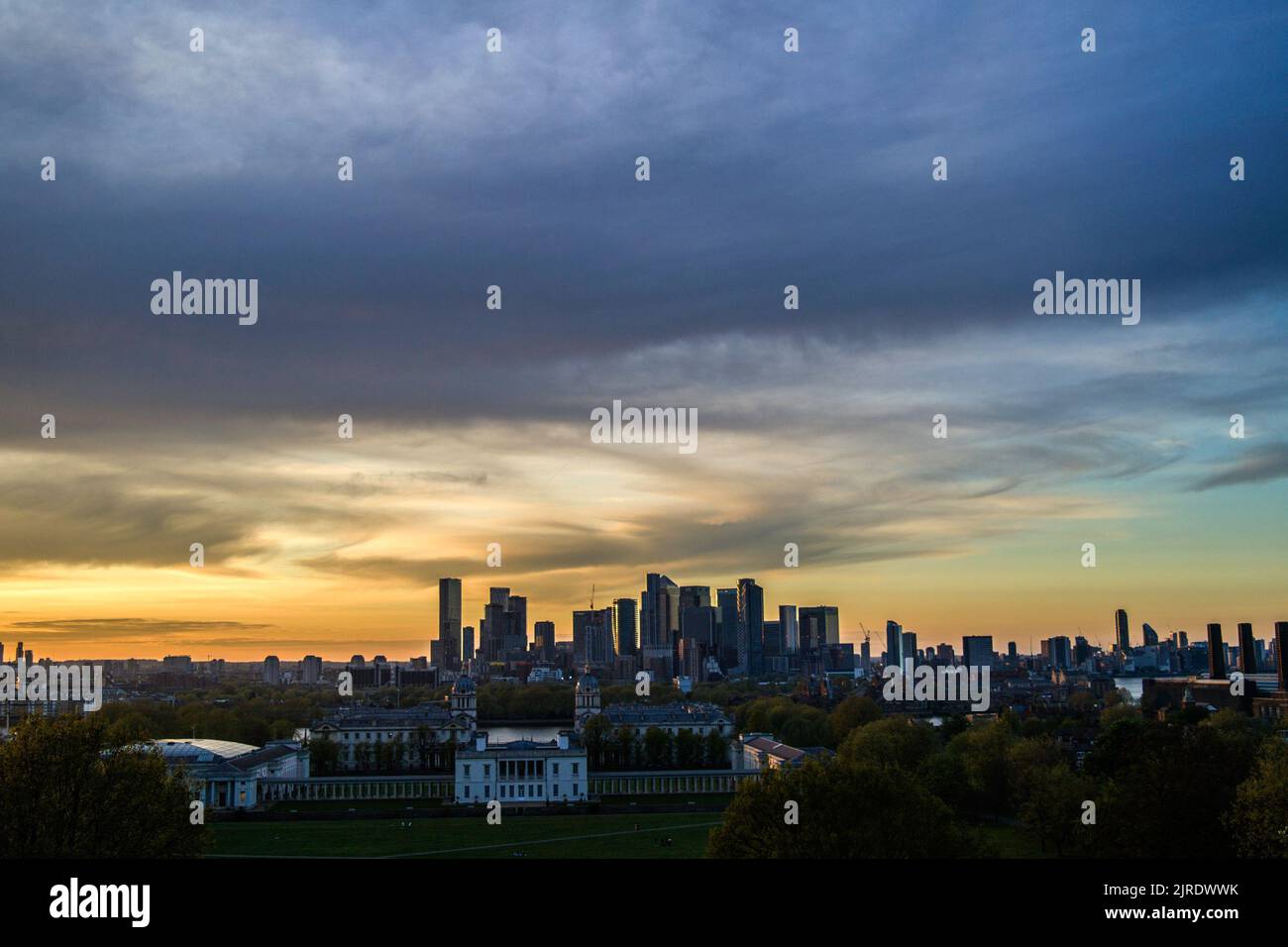 A dramatic sunset over Central London as seen from Greenwich Stock ...