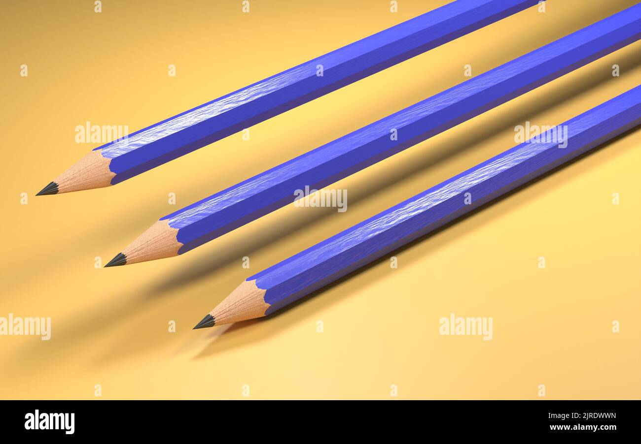 3d rendering of three blue pencils on a yellow background, , back to ...