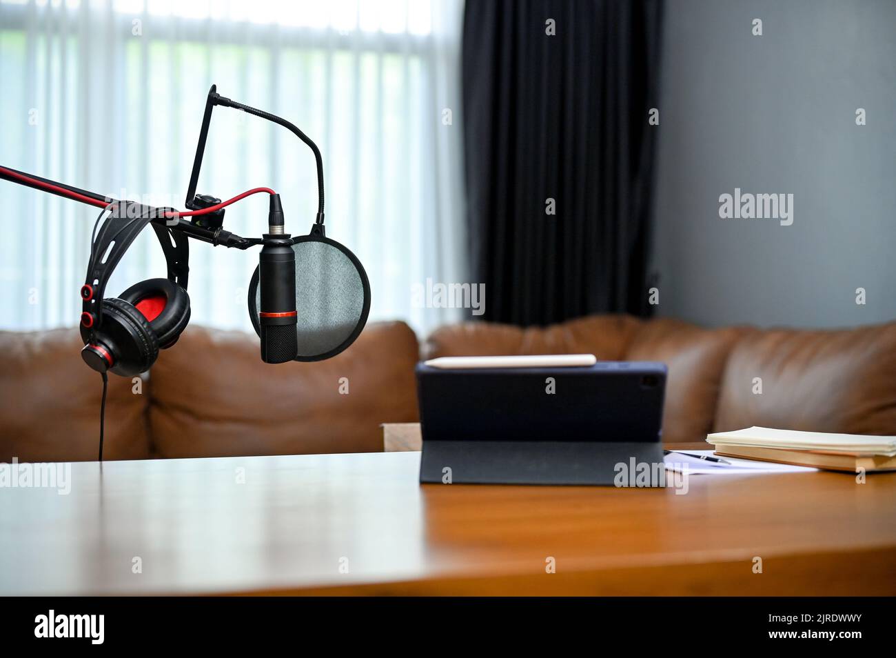 A radio host or freelance podcaster home office studio with ...