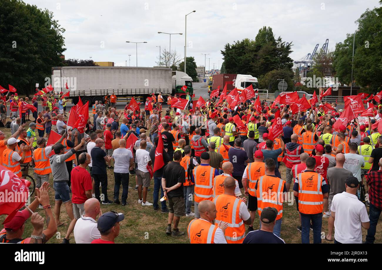 Members of the Unite union man a picket line at one of the entrances to ...