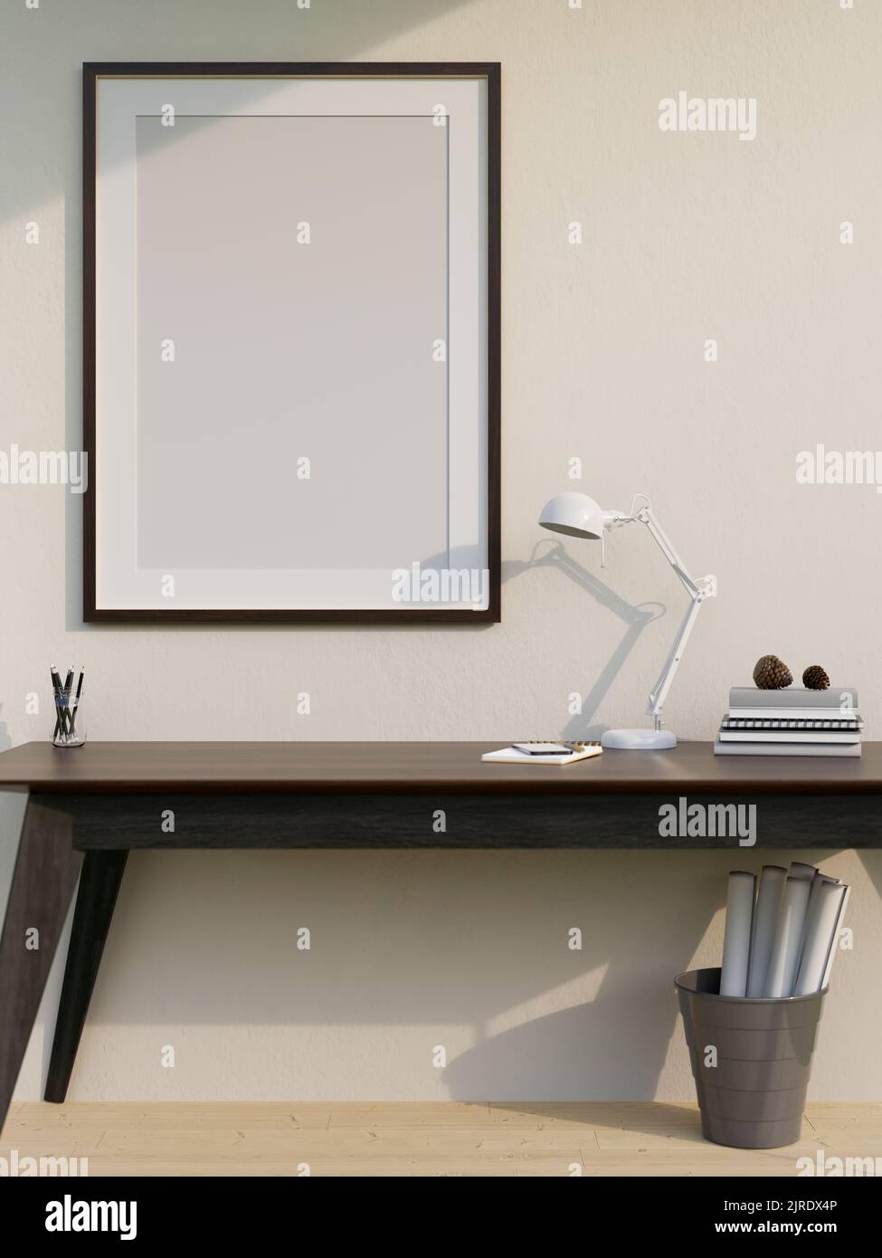 Minimal working space interior design with classic dark wood work table ...