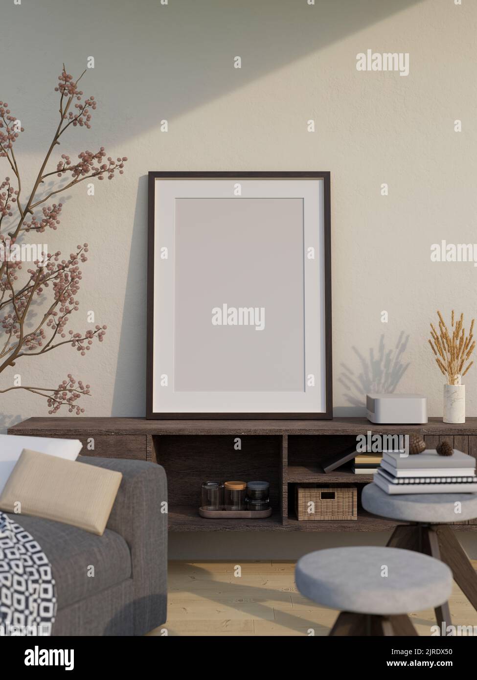 White empty frame mockup for display your artwork is on a minimal dark ...