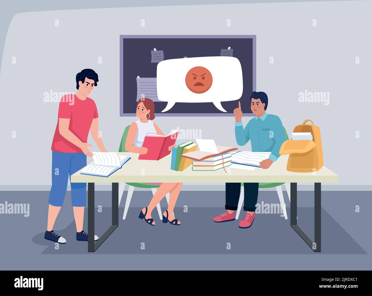 Conflict between students during work upon project flat color vector ...