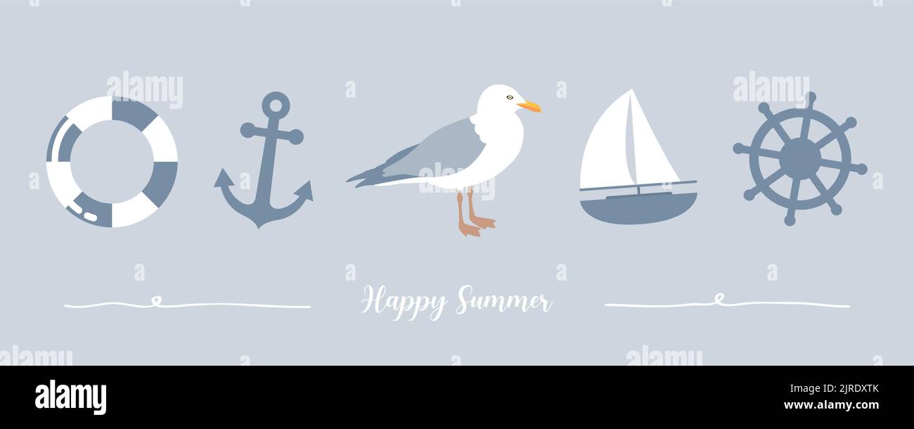 happy summer holiday banner design with gull sailing boat shell and ...