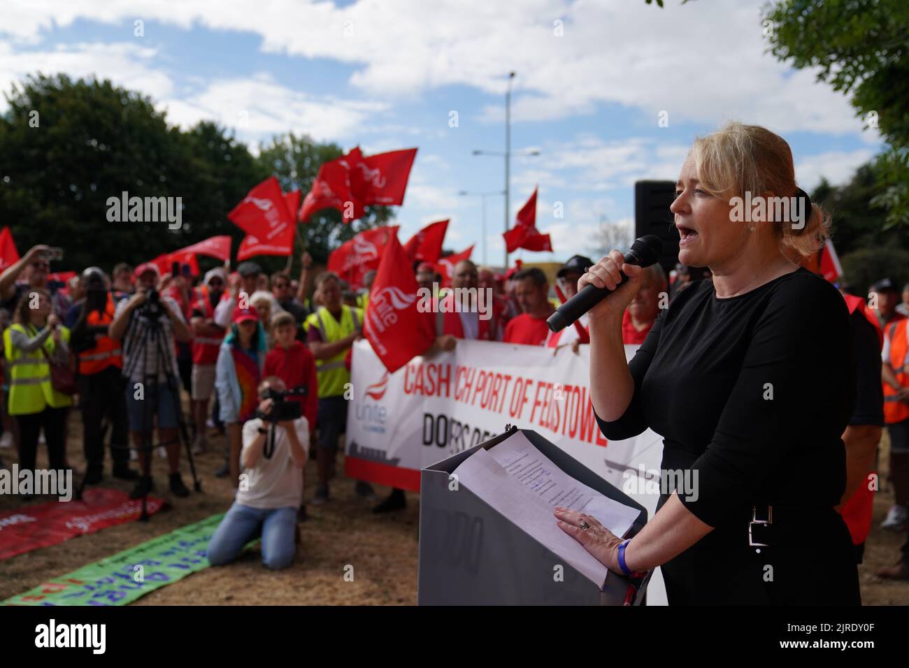 Unite general secretary Sharon Graham speaks to her members on a picket ...