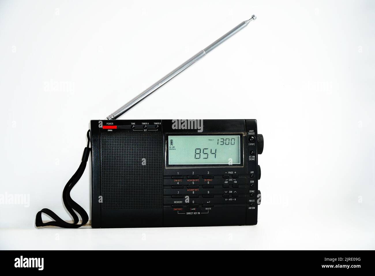 Modern black shortwave radio with antenna and digital display on a ...