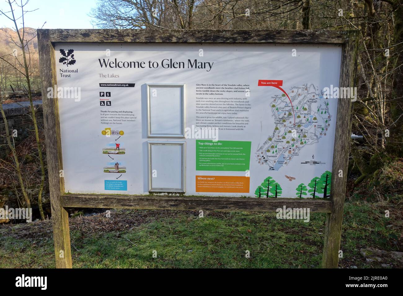 Wooden National Trust Information Board at the Car Park at Glen Mary in ...