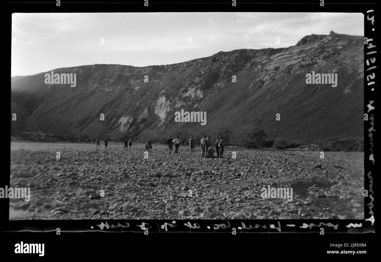 Waipara riverbed in gorge, fossil location at top of cliff, 19 May 1951 ...