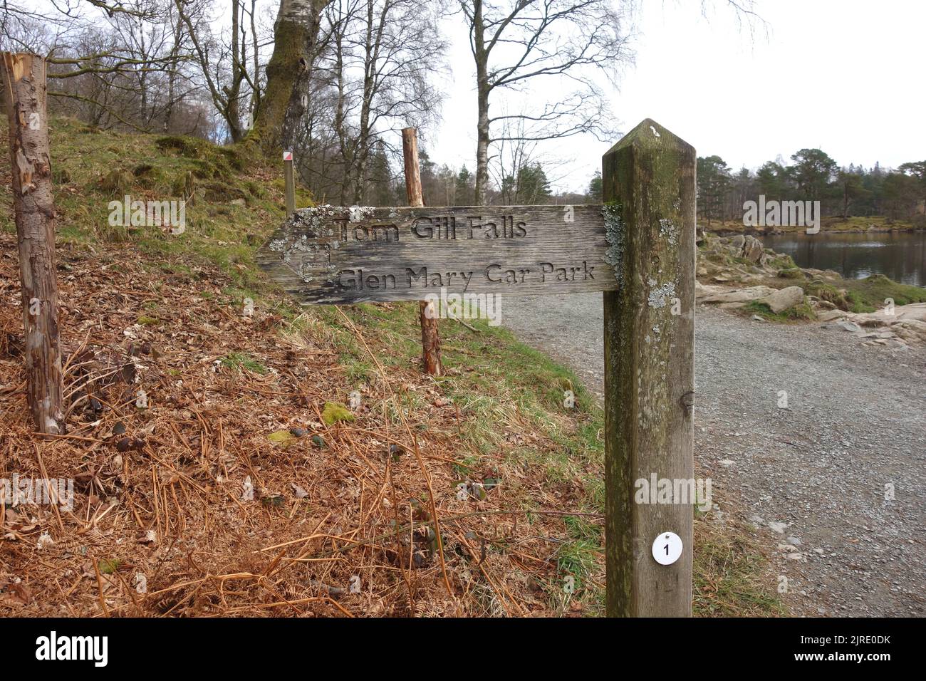 Old Wooden Signpost to Tom Gill Falls & Glen Mary Car Park at Tarn Hows ...
