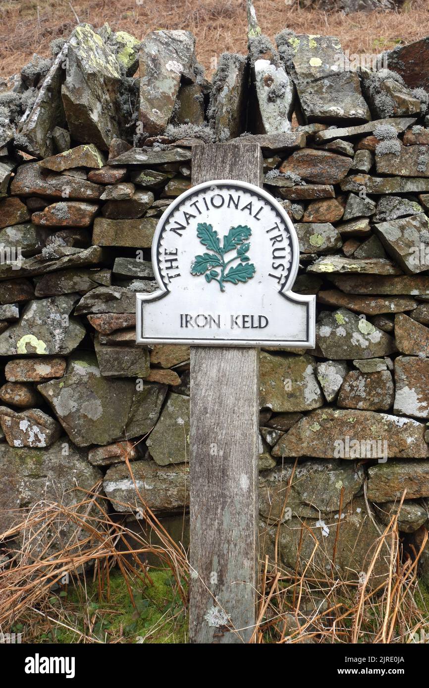 Metal National Trust Sign on Wooden Post for 'Iron Keld' near Tarn Hows ...