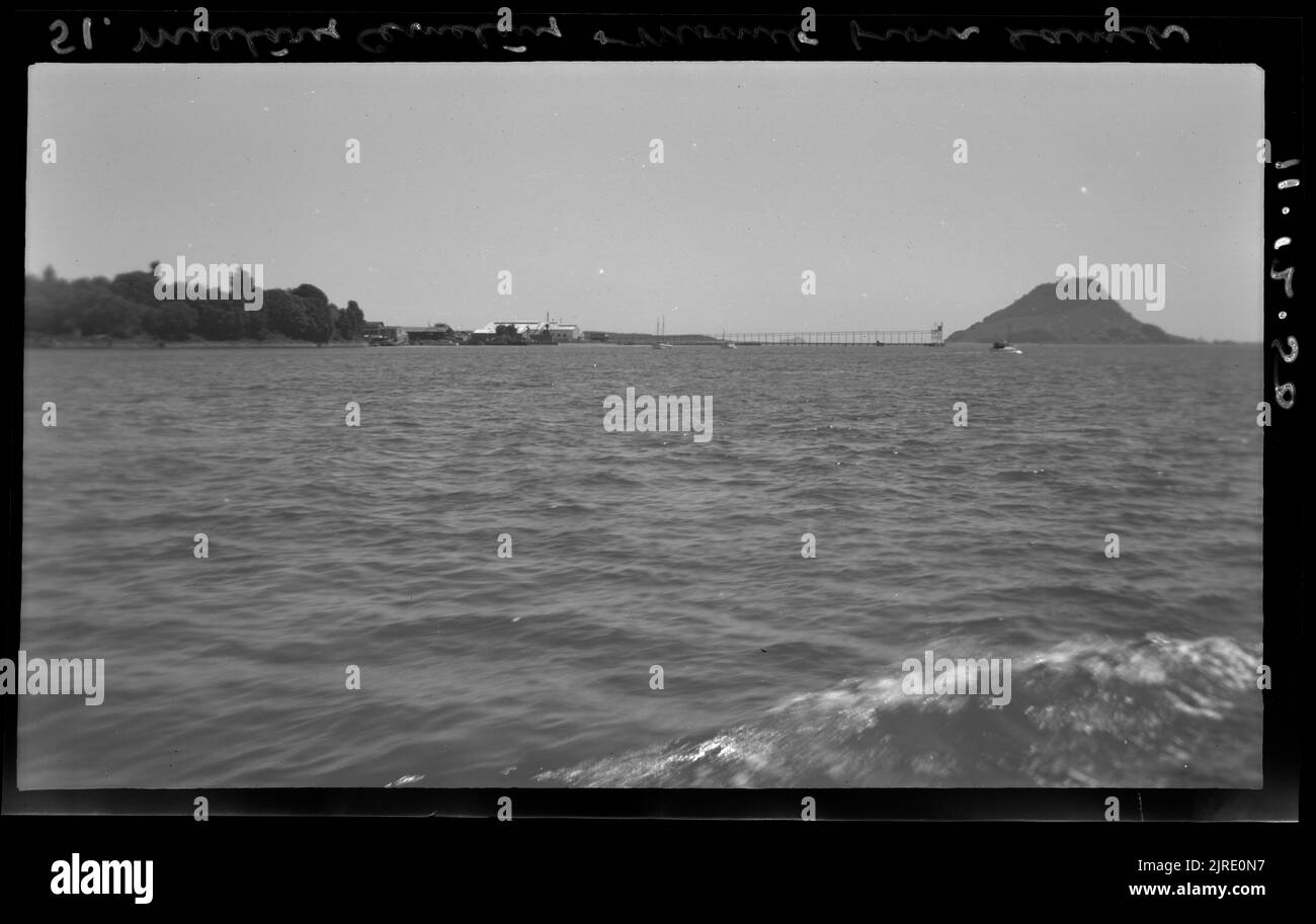 Military cemetery and mount (Mt Maunganui) from launch, 11 December ...