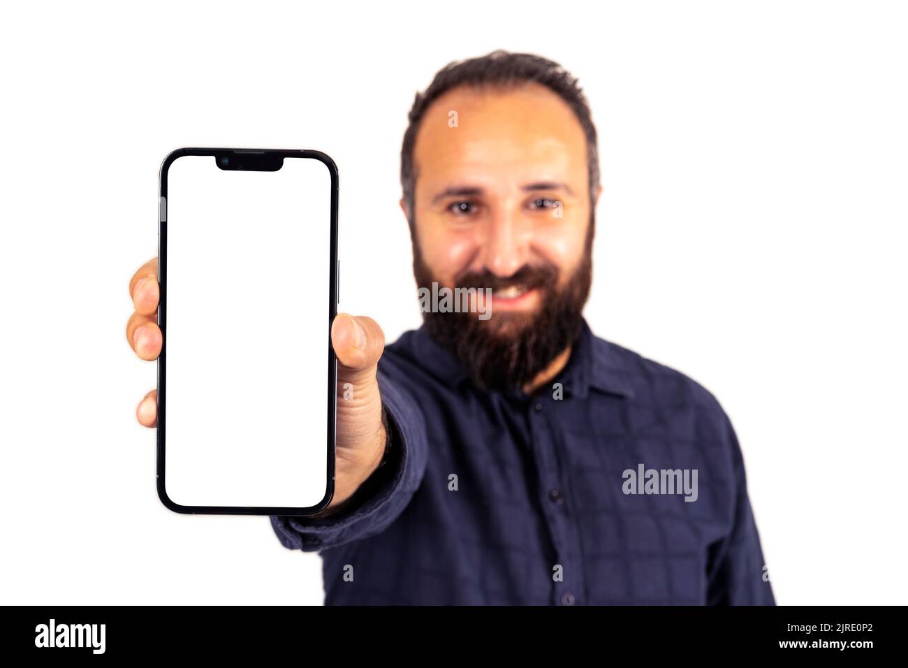 Showing smartphone screen, portrait of man isolated on white background ...