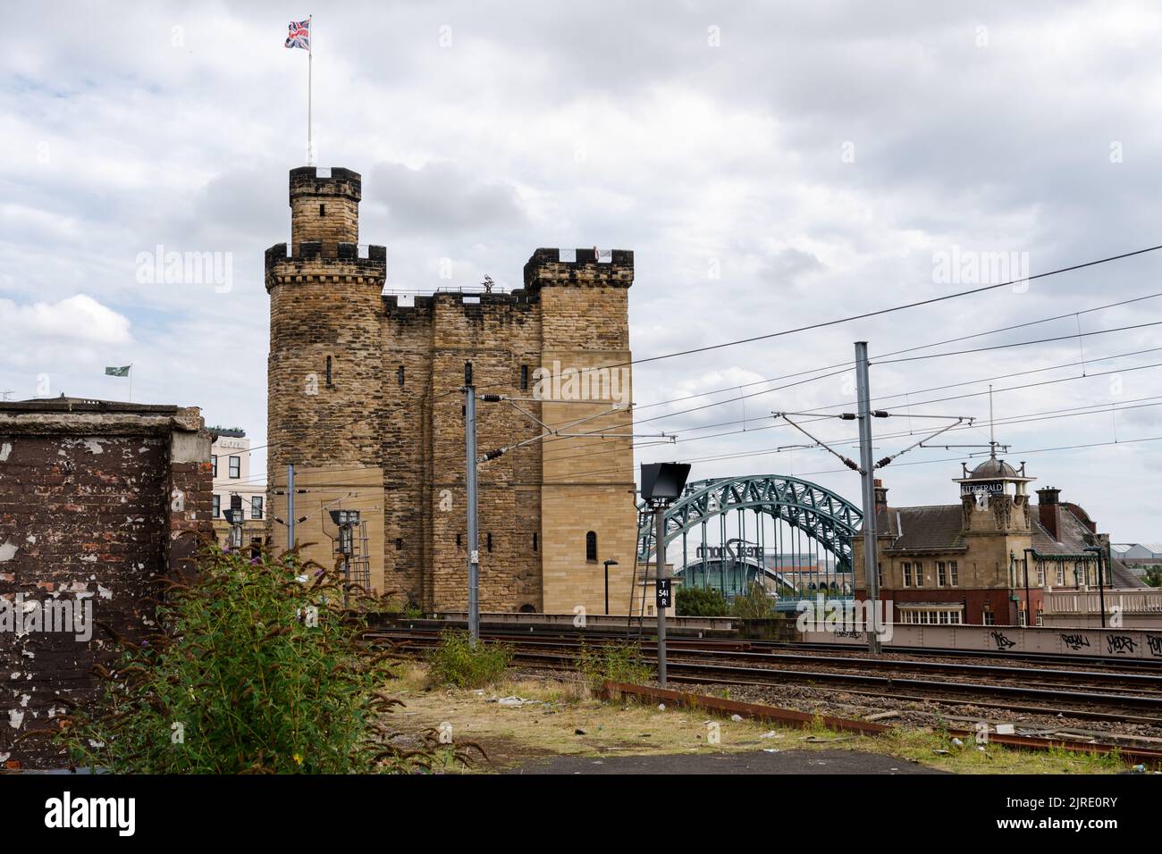 A view of Newcastle Castle and the Tyne Bridge from Central Station ...