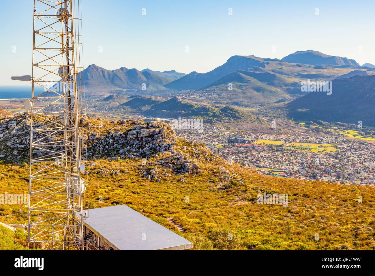 Communication tower on the top of local mountain range in Cape Town, South Africa Stock Photo ...
