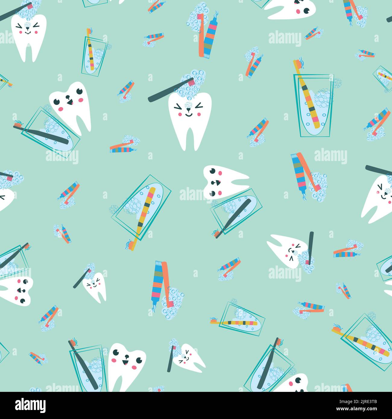 Kawaii tooth kids dental care vector educational seamless pattern ...