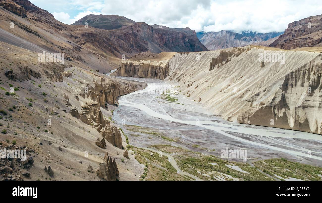 beautiful mountain aerial landscape of Spiti Valley River in desolate ...