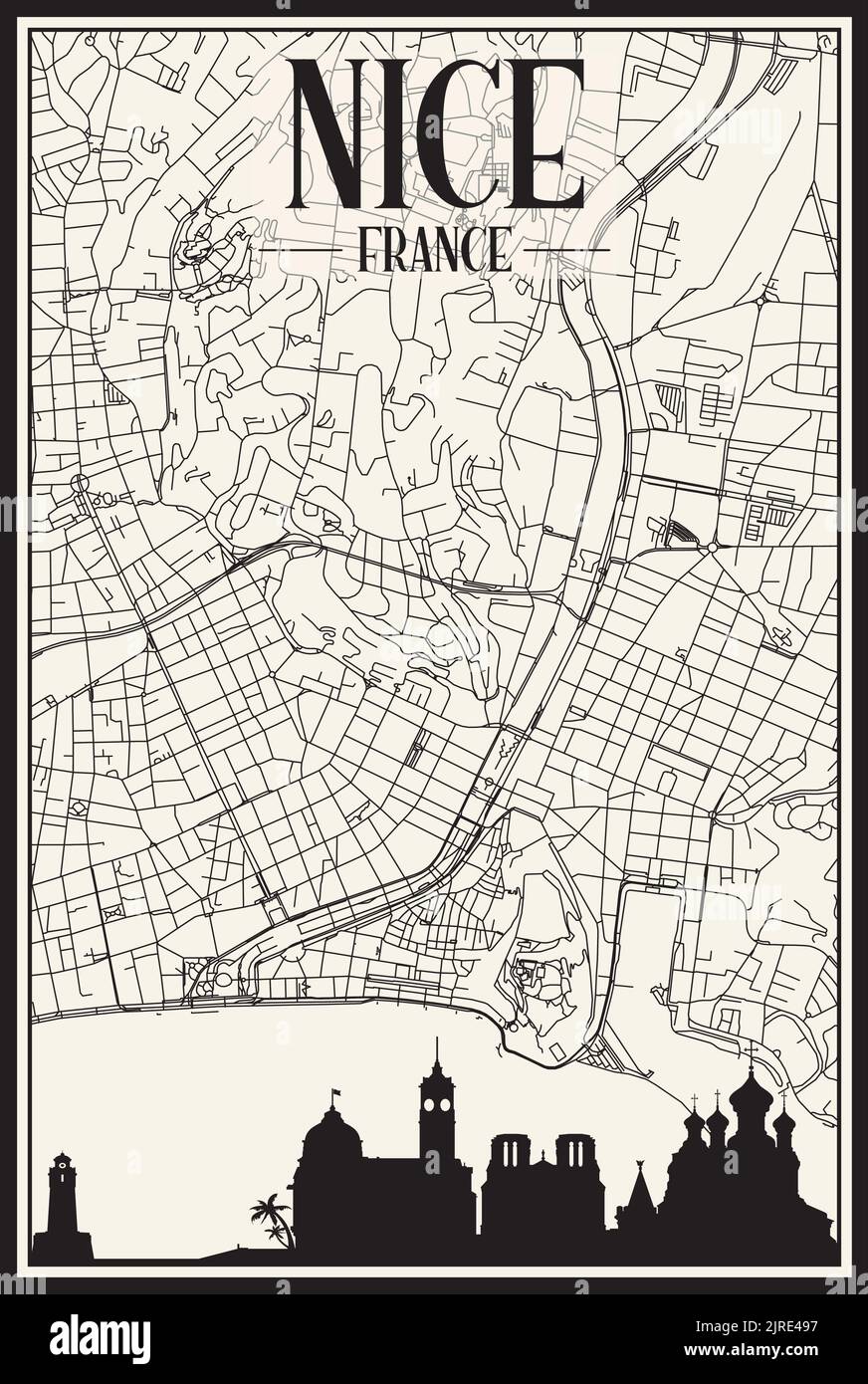 Hand-drawn panoramic city skyline poster with downtown streets network ...