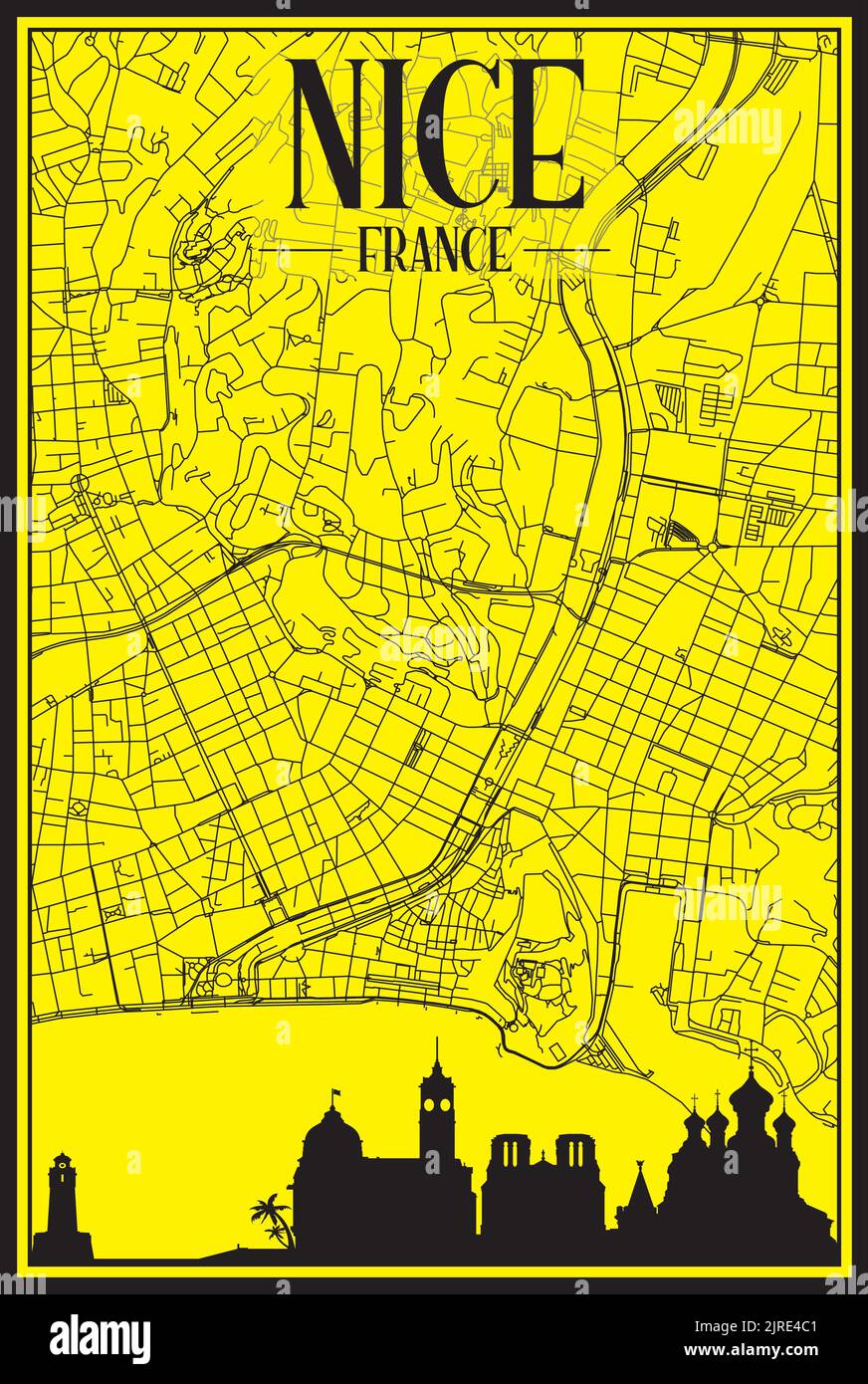 Hand-drawn panoramic city skyline poster with downtown streets network ...