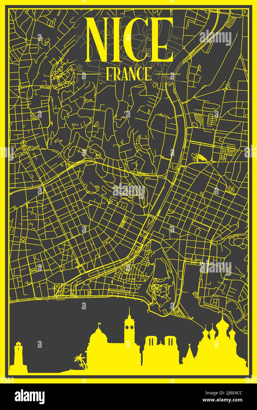 Hand-drawn panoramic city skyline poster with downtown streets network ...
