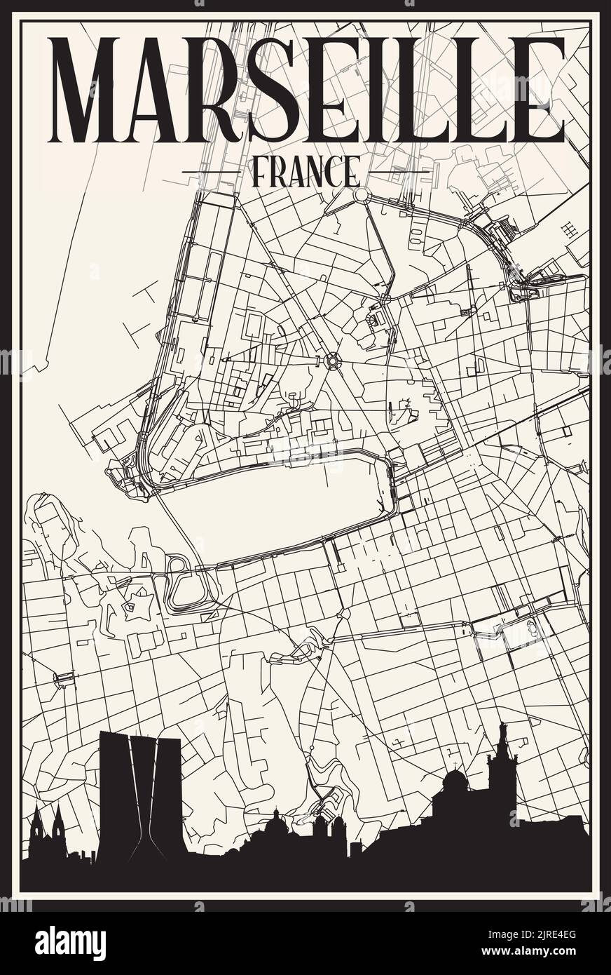 Hand-drawn panoramic city skyline poster with downtown streets network ...