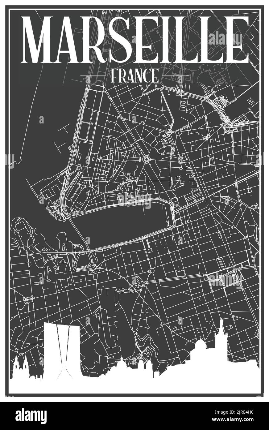 Hand-drawn panoramic city skyline poster with downtown streets network ...