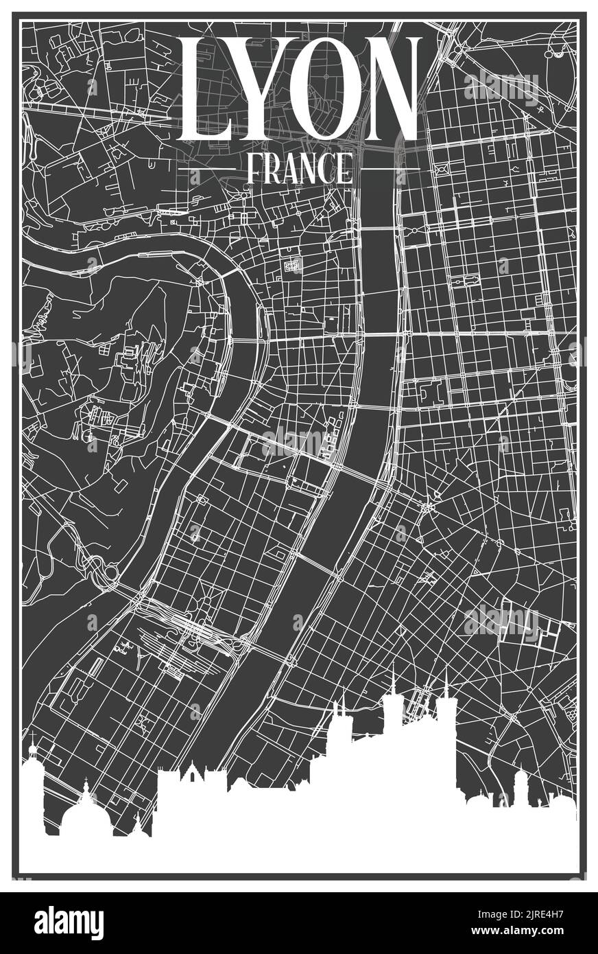 Hand-drawn panoramic city skyline poster with downtown streets network of LYON, FRANCE Stock ...