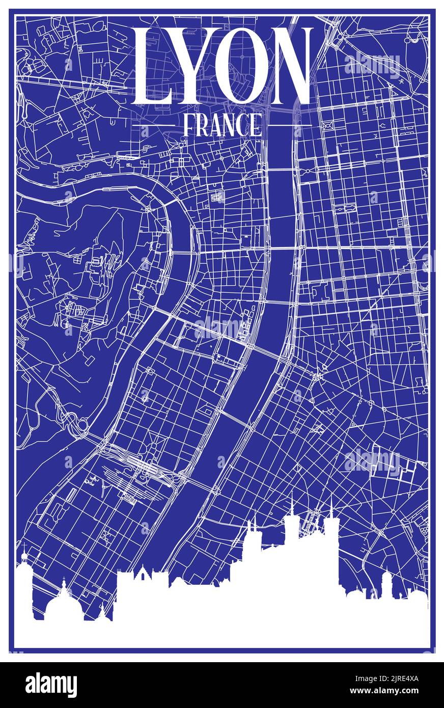 Hand-drawn panoramic city skyline poster with downtown streets network ...