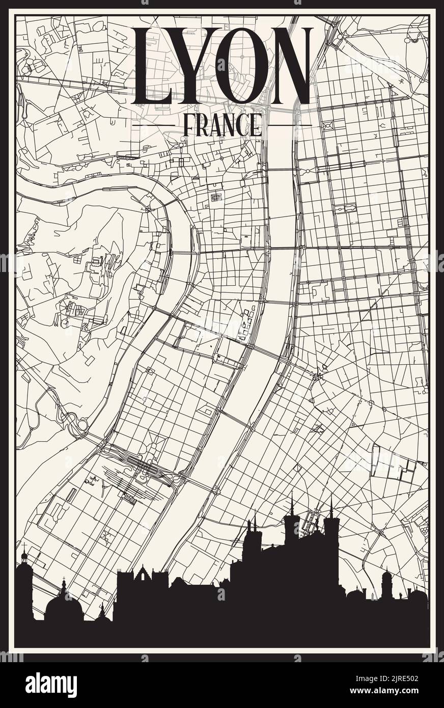 Hand-drawn panoramic city skyline poster with downtown streets network ...
