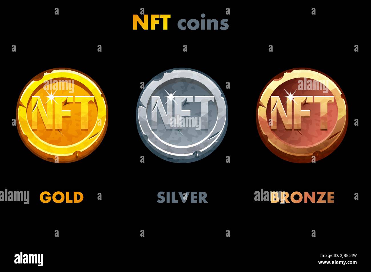 NFT old coins in different metals. Gold, silver and bronze coins ...
