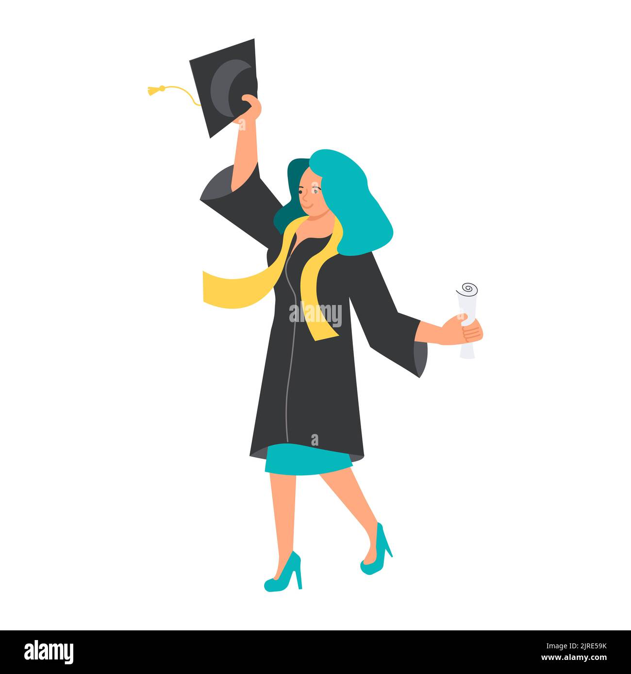 Graduated woman in academic dress and square cap jumping for joy ...
