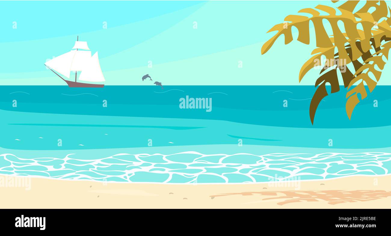 Horizontal banner of abstract seascape with sailboat and dolphins on ...