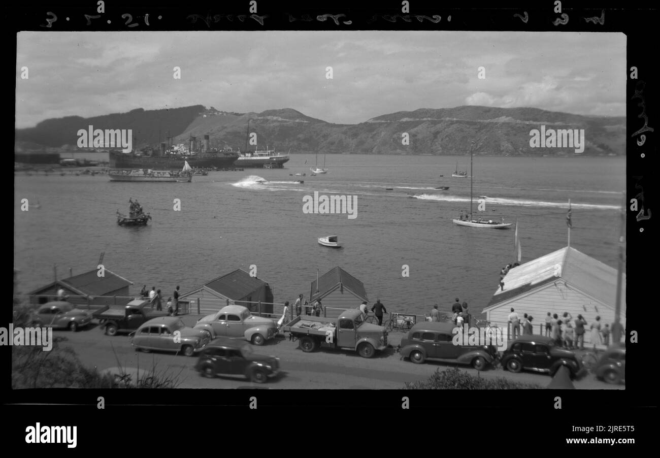 Speed boat races, Evans Bay, 03 February 1951, by Leslie Adkin Stock ...