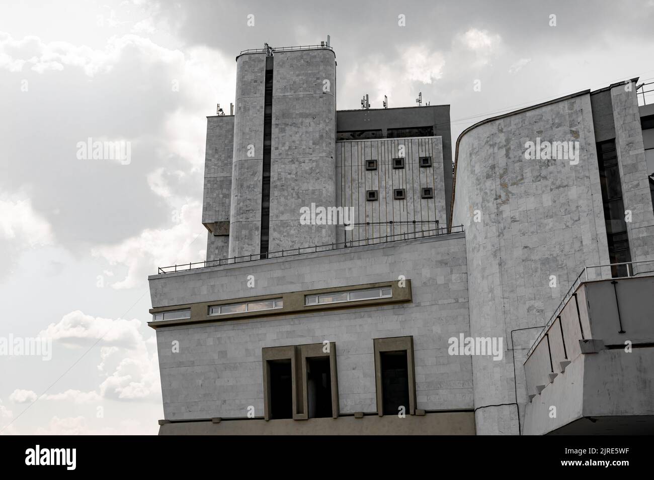 Soviet Brutalist Architecture. High gray walls with small windows. Old ...