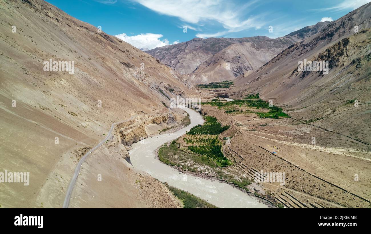 aerial landscape of mountain road through Spiti Valley in Himachal ...