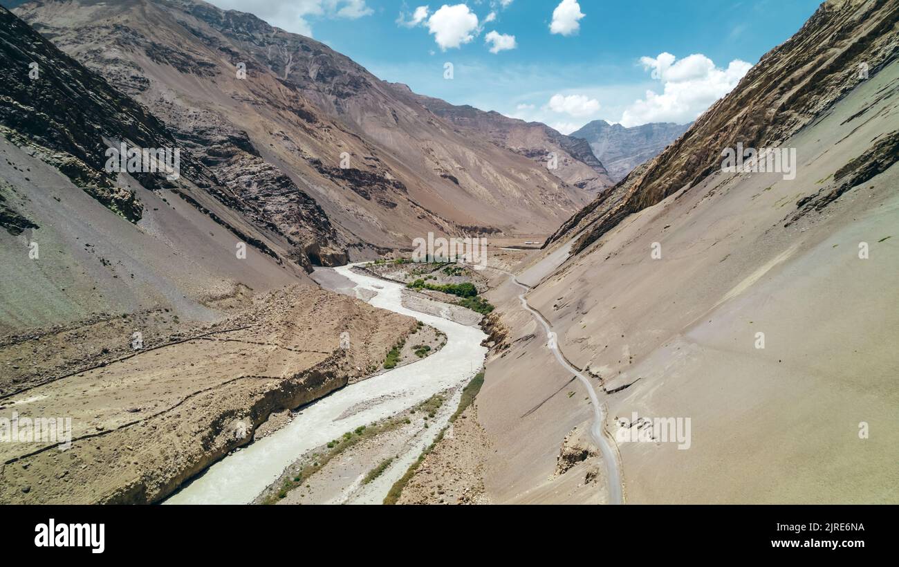 aerial landscape of Spiti Valley river flowing between Himalayan ...