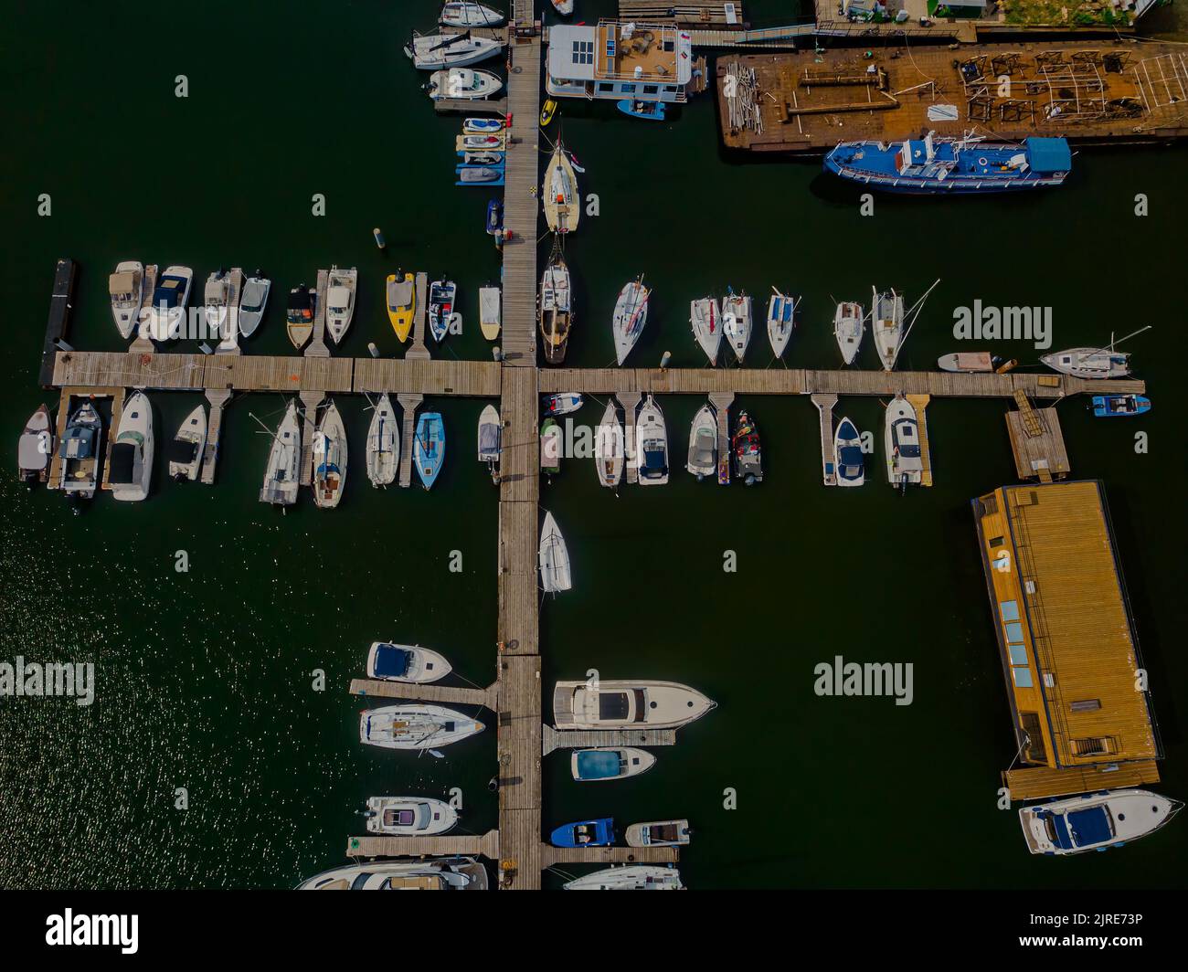 Aerial view of yacht club and marina. Colorful boats and yachts. Top ...