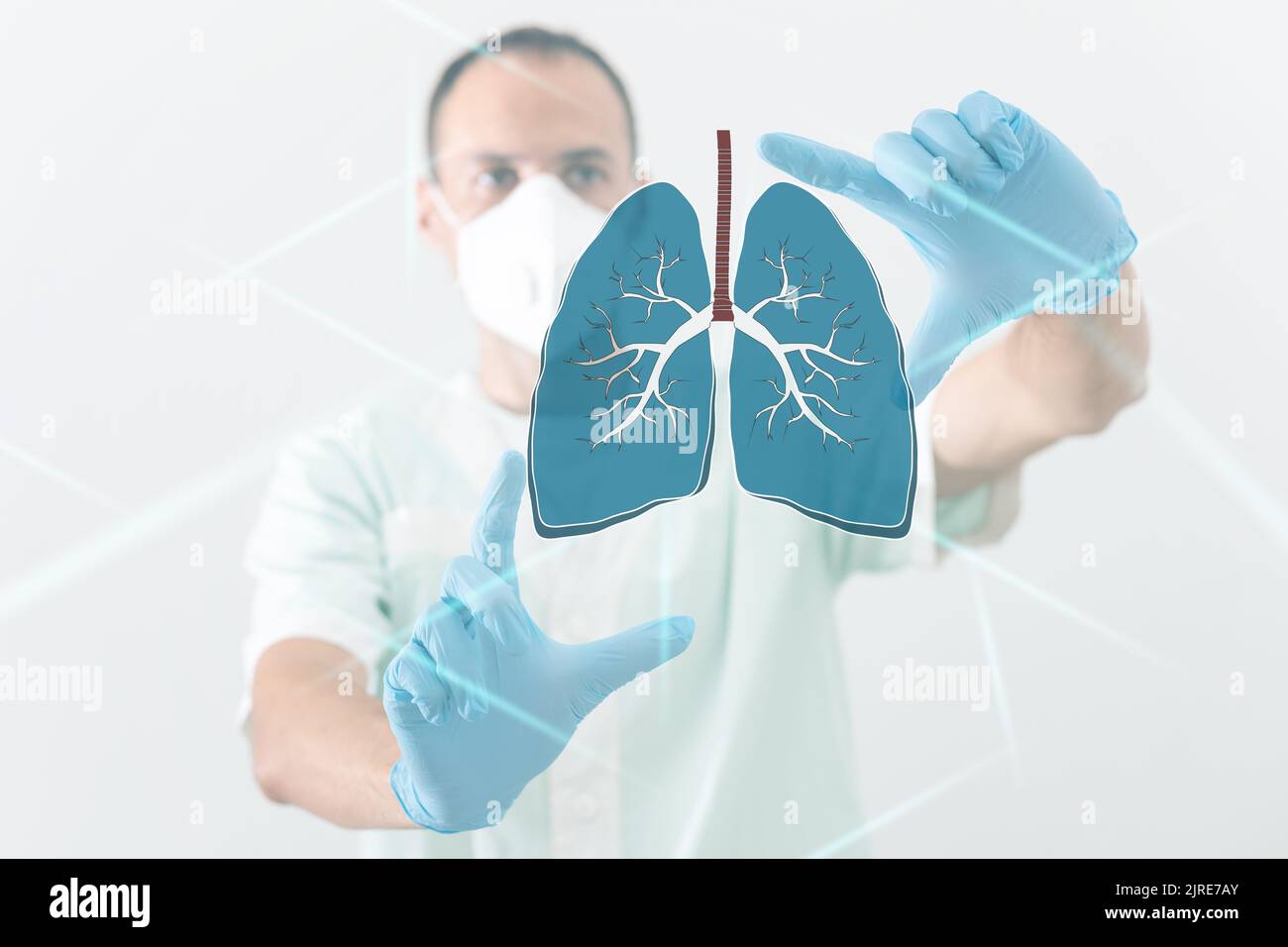 The doctor looks at the hologram of Lungs, checks the test result on ...