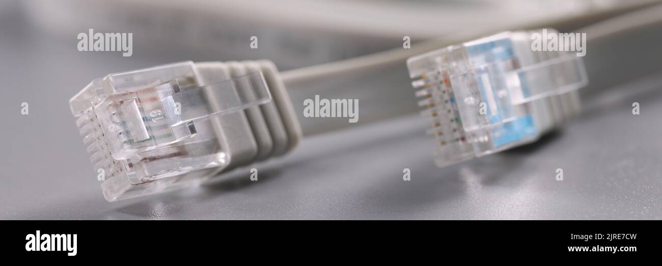 Pair of internet connectors on grey background, cable with plastic clip ...
