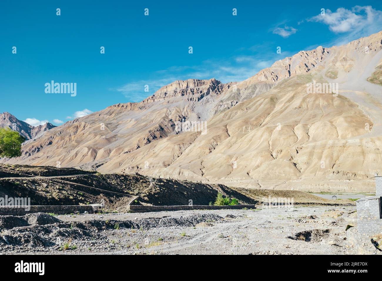 dry arid landscape of mountains in Spiti Valley of Kaza on a sunny ...